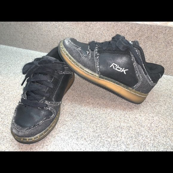 Reebok | Shoes | Rarereebok Rbk Black Leather Sneaker Denim Accent ...